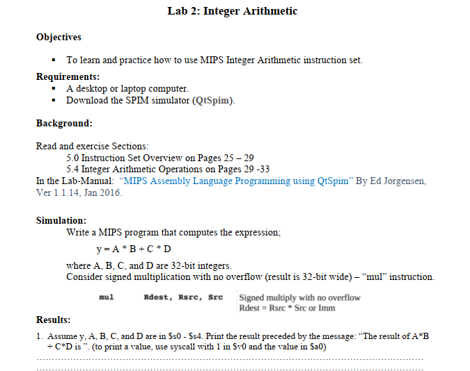 Solved Lab 2: Integer Arithmetic Objectives • To learn and | Chegg.com