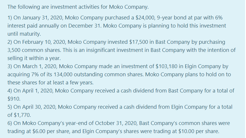 Solved The following are investment activities for Moko | Chegg.com