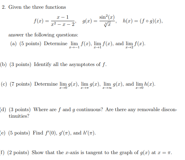 Solved 2. Given the three functions | Chegg.com