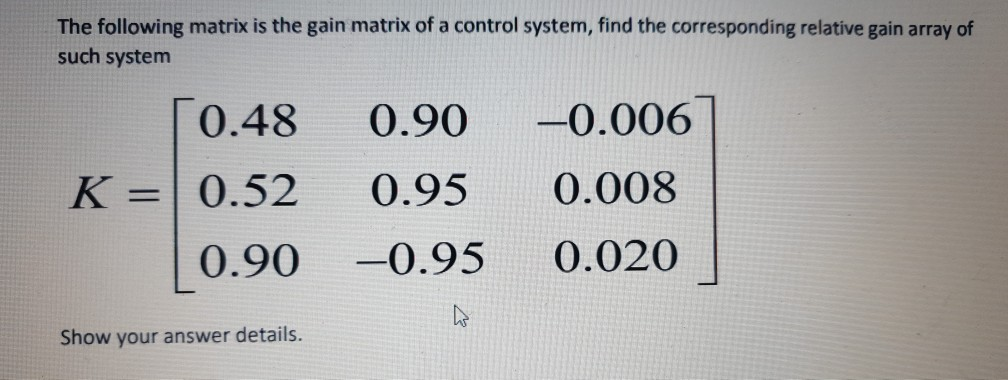 Solved The following matrix is the gain matrix of a control | Chegg.com