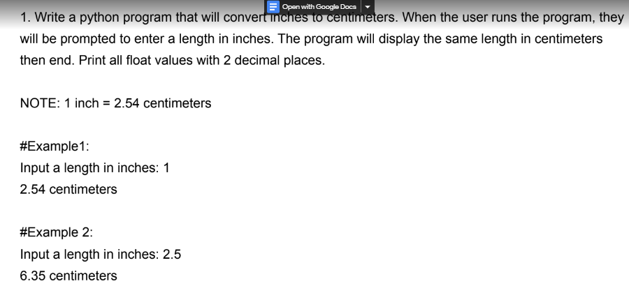 Solved 1. Write a python program that will convertinches to | Chegg.com