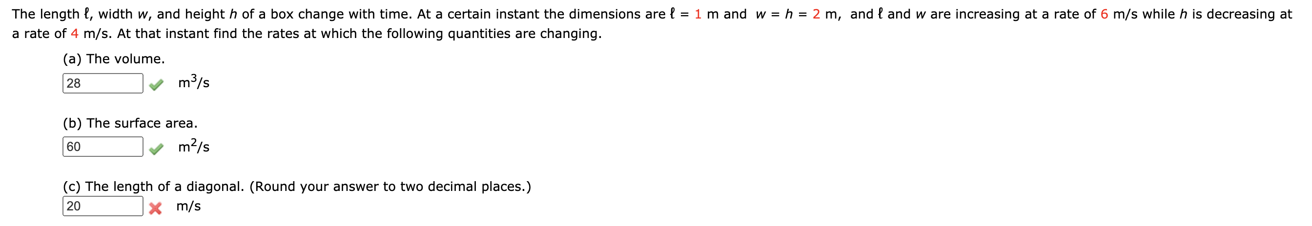 Solved The length l, width w, and height h of a box change | Chegg.com