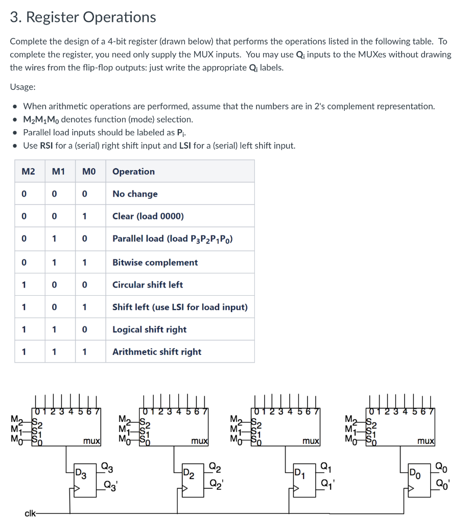Solved 3. Register Operations Complete the design of a 4-bit | Chegg.com