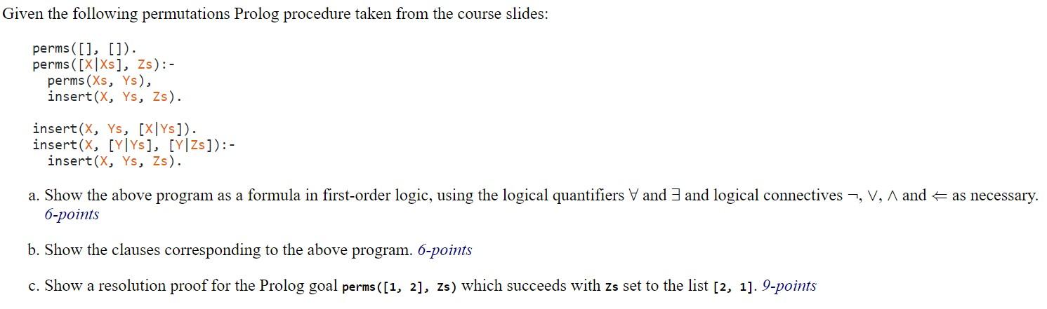 Given the following permutations Prolog procedure | Chegg.com