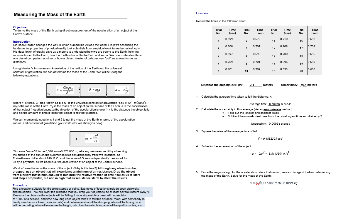 Solved Measuring the Mass of the Earth Exercise Record the | Chegg.com