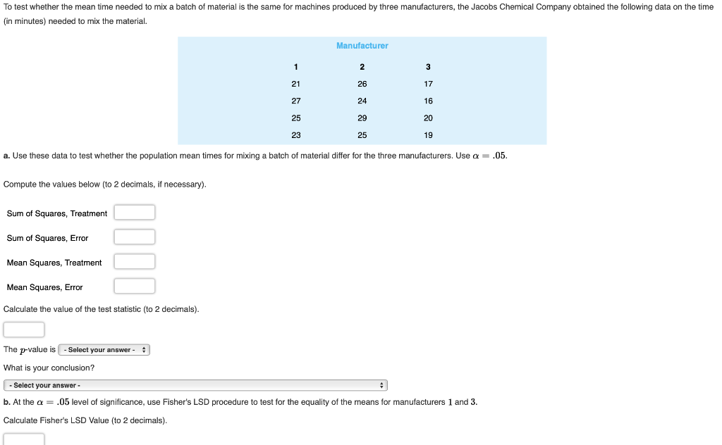 Solved To test whether the mean time needed to mix a batch | Chegg.com