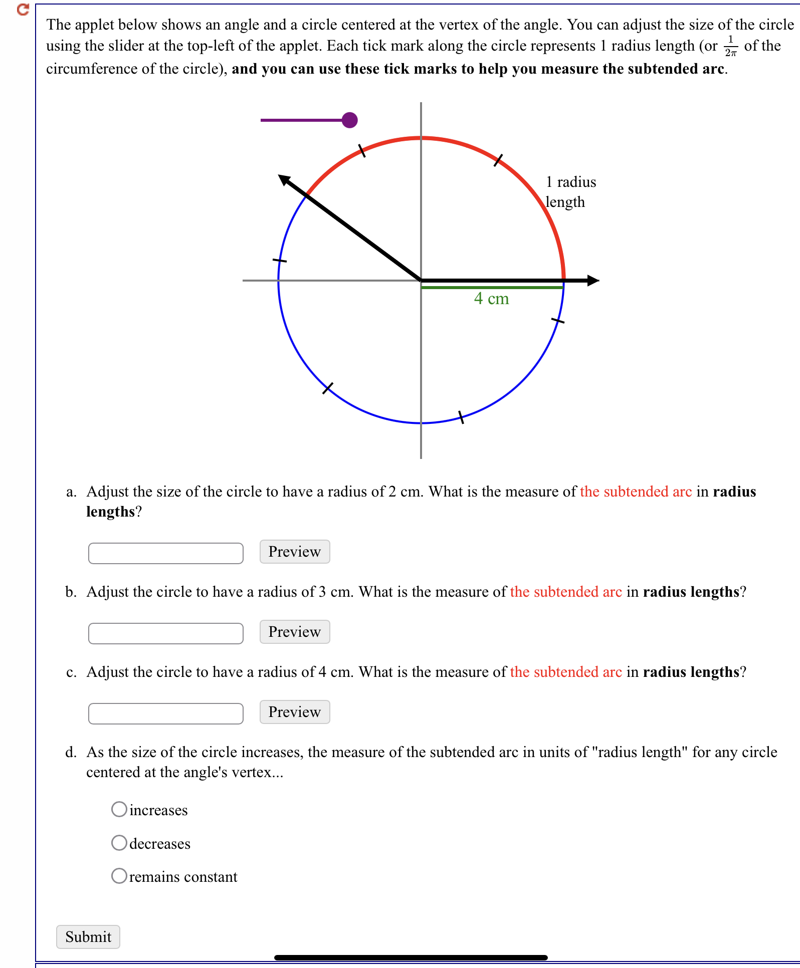 Solved The applet below shows an angle and a circle centered | Chegg.com