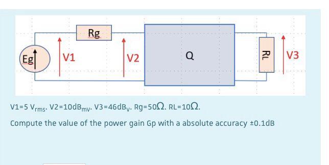 Solved Rg Eg V1 V2 Q RL V3 V1=5 Vrms. V2=10dBmv. V3 = 46dBy. | Chegg.com