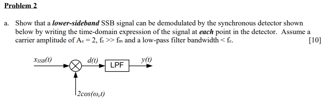 Solved Problem 2 a. Show that a lower-sideband SSB signal | Chegg.com