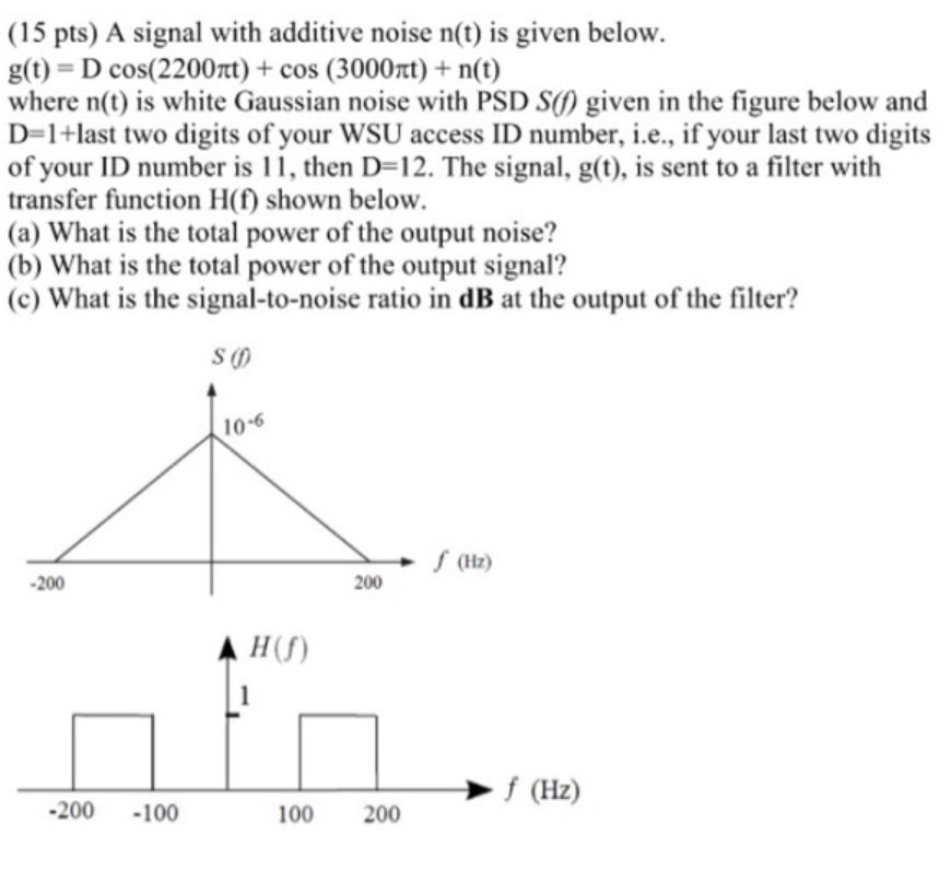 Solved (15 pts) A signal with additive noise n(t) is given | Chegg.com