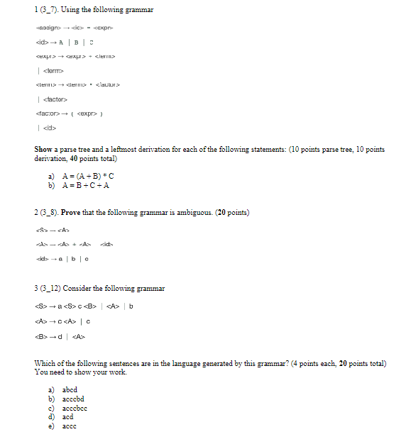 Solved 1 (3_7). Using the following grammar → - →A∣B∣C | | Chegg.com