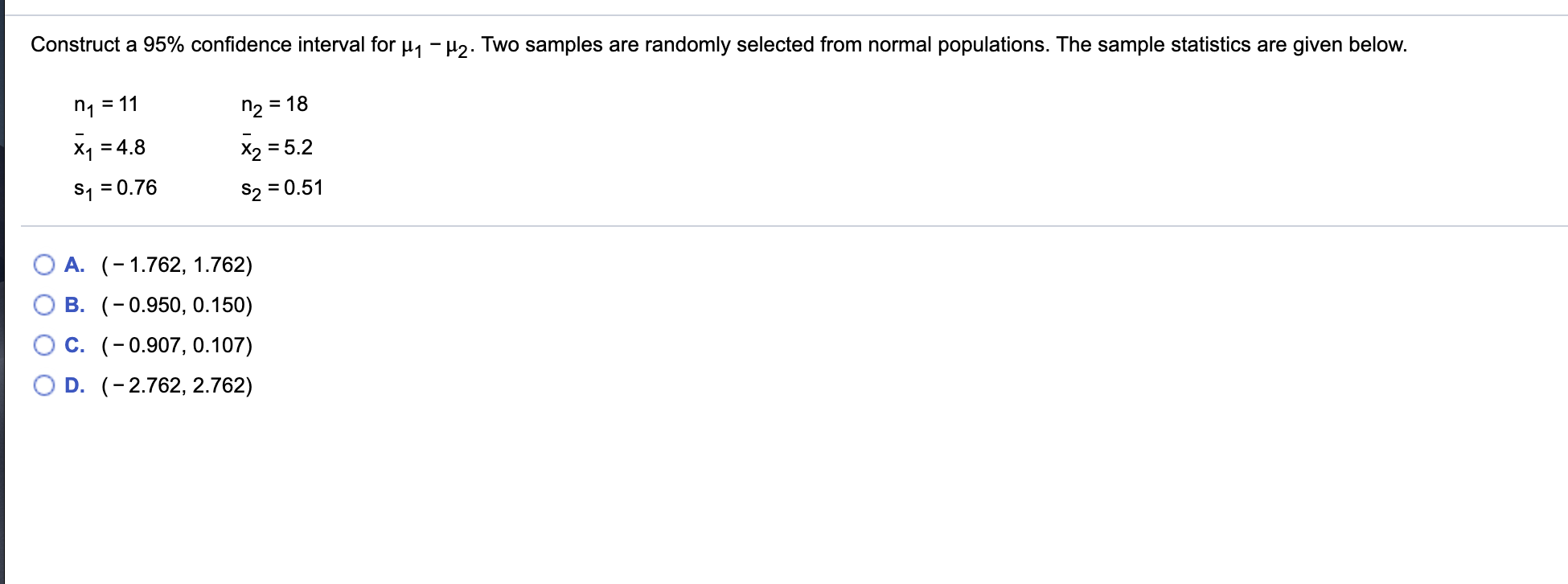 Solved Construct a 95% confidence interval for H1 - H2. Two | Chegg.com