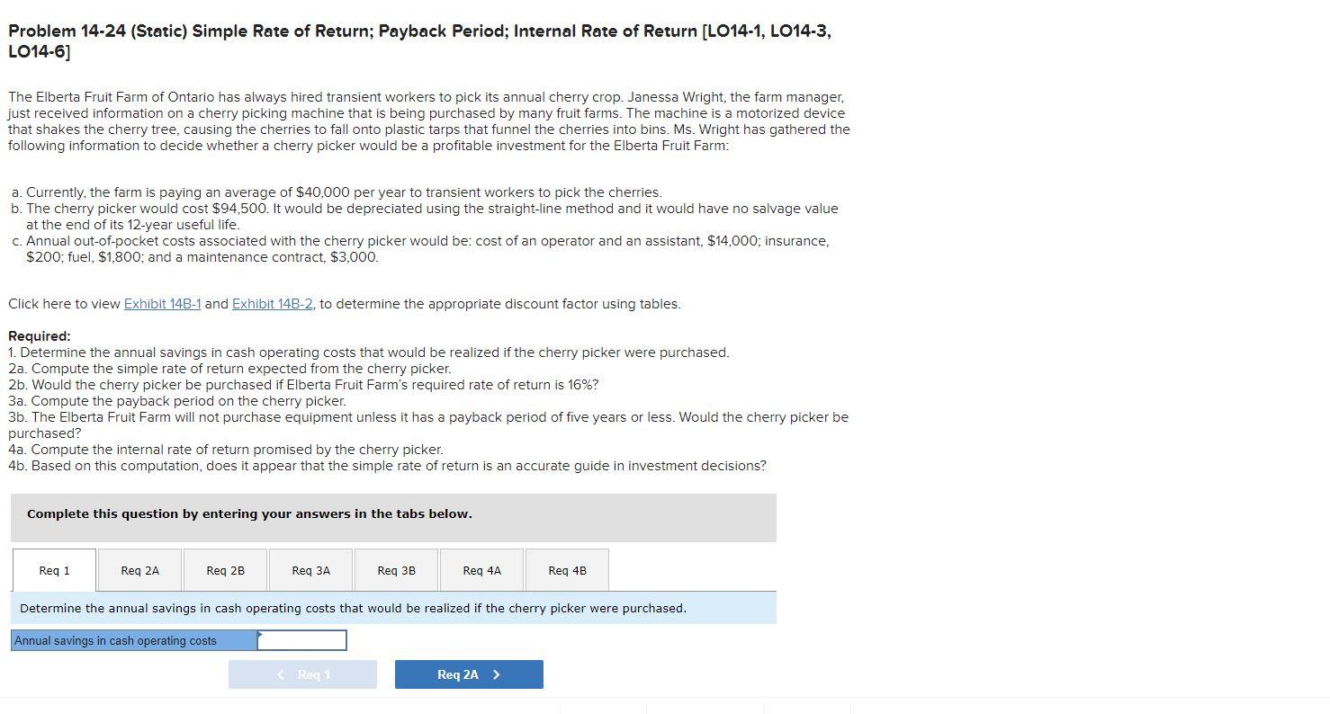 Solved Problem 14-24 (Static) Simple Rate of Return; Payback | Chegg.com