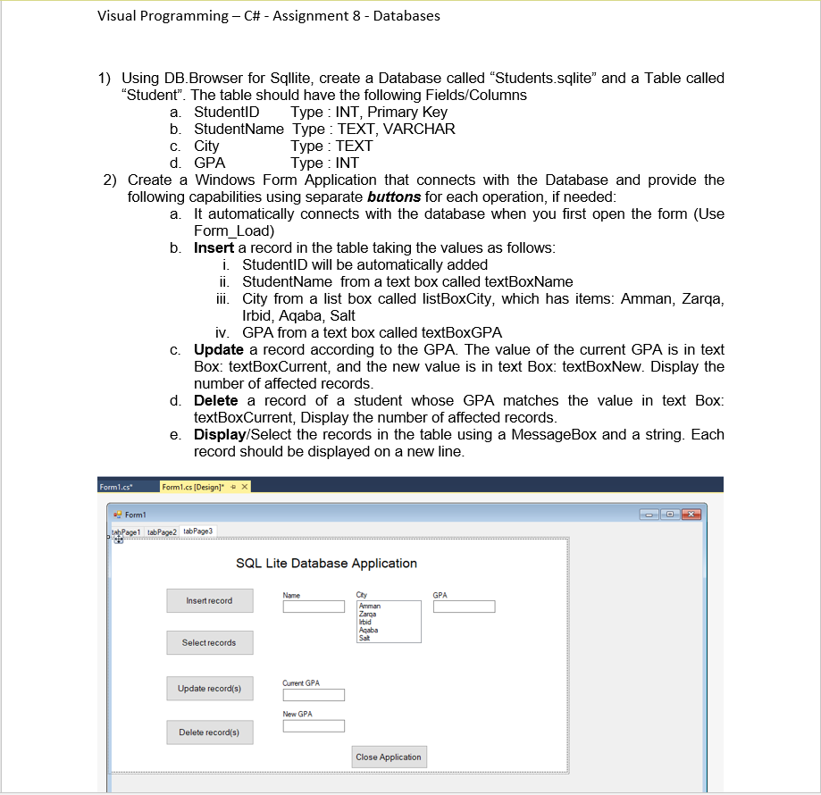 Visual Programming - C# - Assignment 8 - Databases 1) | Chegg.com