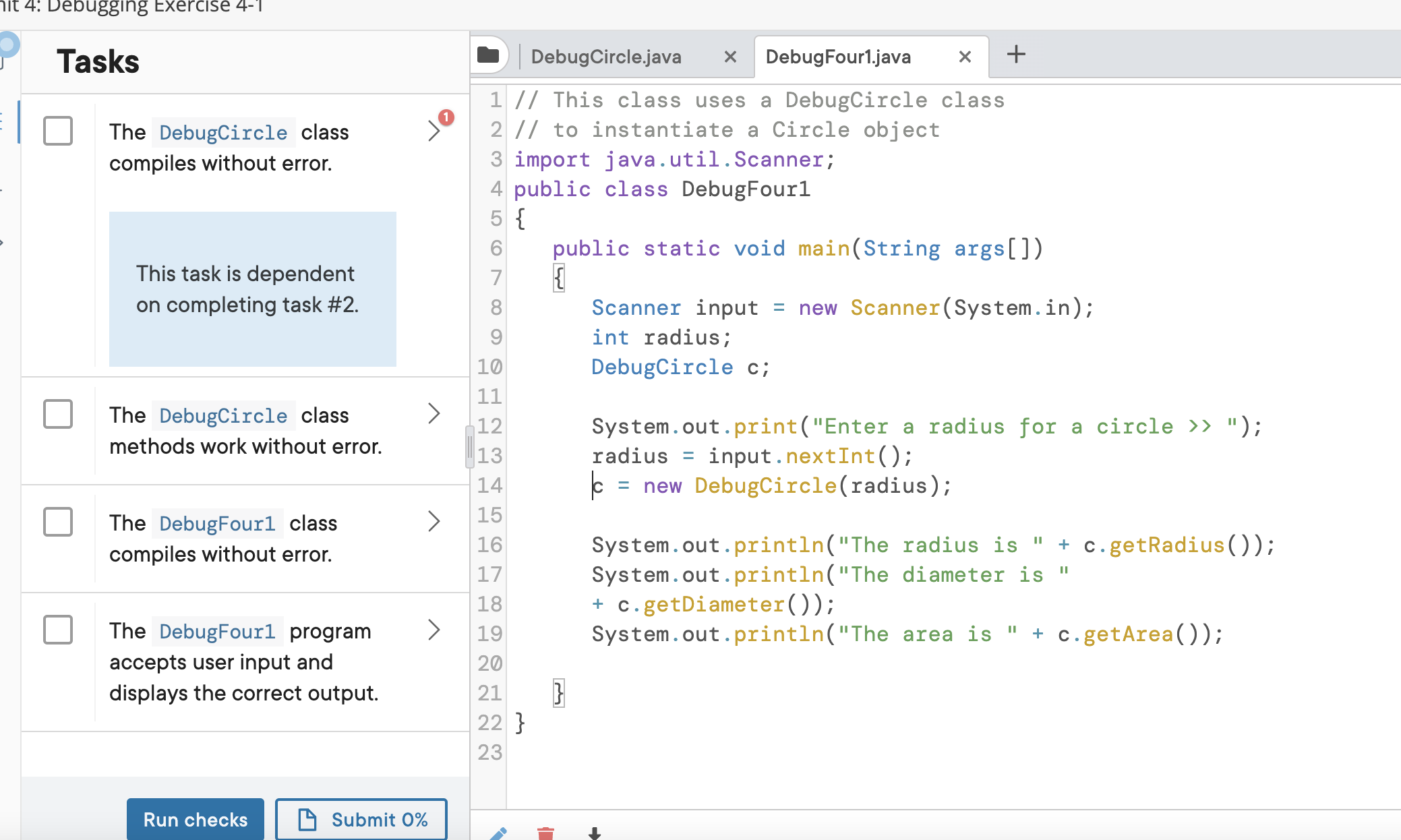 Solved Tasks The DebugCircle class compiles without error. | Chegg.com
