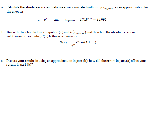 Solved a. Calculate the absolute error and relative error | Chegg.com