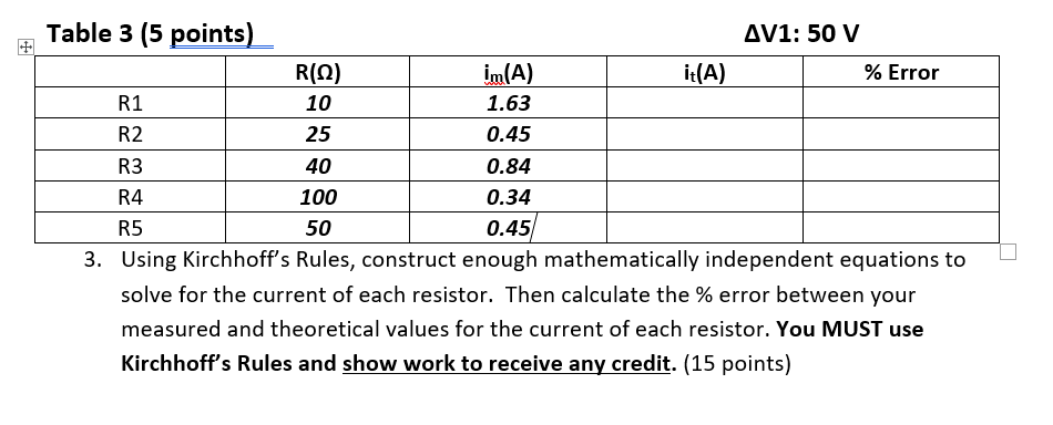 Solved Table 3 (5 points) ΔV1:50 V 3. Using Kirchhoff's | Chegg.com