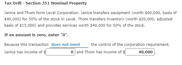 Tax Drill - Section 351 Nominal Property Janice and | Chegg.com