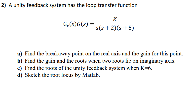 Solved 2) A unity feedback system has the loop transfer | Chegg.com