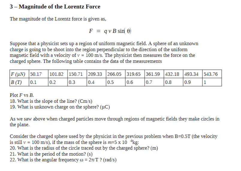 Solved 3 - Magnitude of the Lorentz Force The magnitude of | Chegg.com