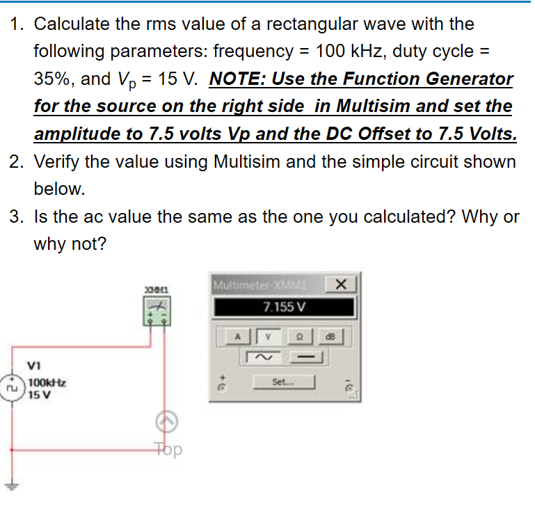 Solved 1. Calculate the rms value of a rectangular wave with | Chegg.com