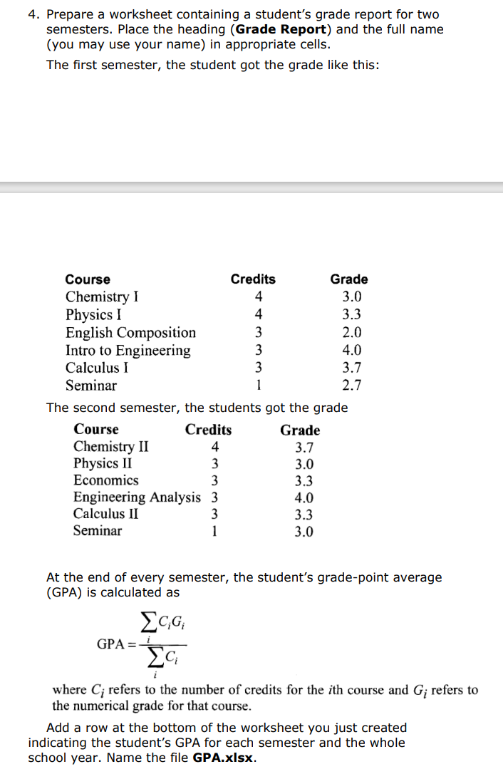 Solved Prepare a worksheet containing a student's grade | Chegg.com