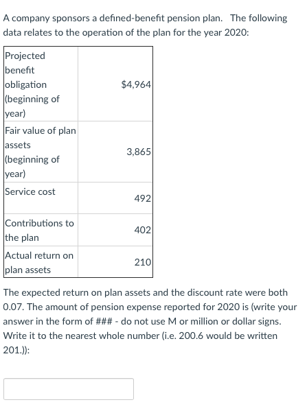 Solved A company sponsors a defined-benefit pension plan. | Chegg.com