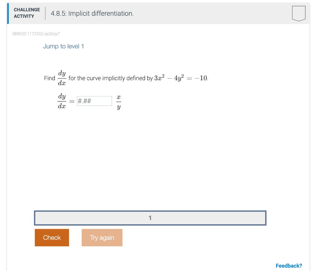 Solved CHALLENGE ACTIVITY 4.8.5: Implicit differentiation. | Chegg.com