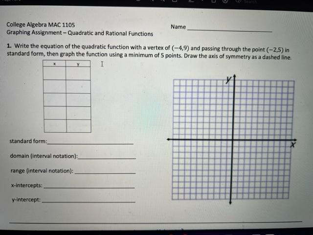 Solved 1. Write the equation of the quadratic function with | Chegg.com