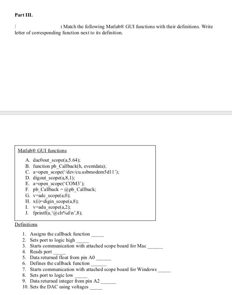 Part III Match The Following Matlab GUI Functions Chegg