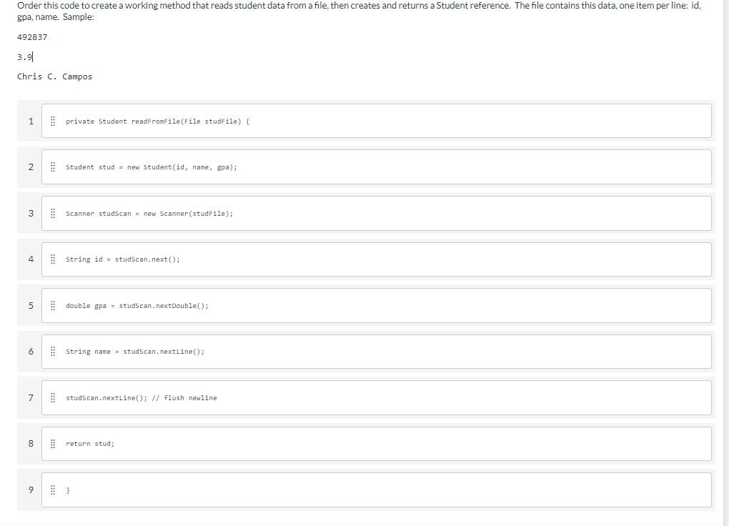 Solved Order this code to create a working method that reads | Chegg.com
