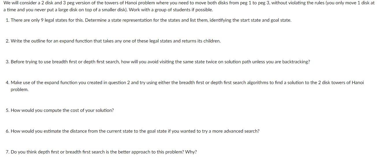 Solved We will consider a 2 disk and 3 peg version of the | Chegg.com