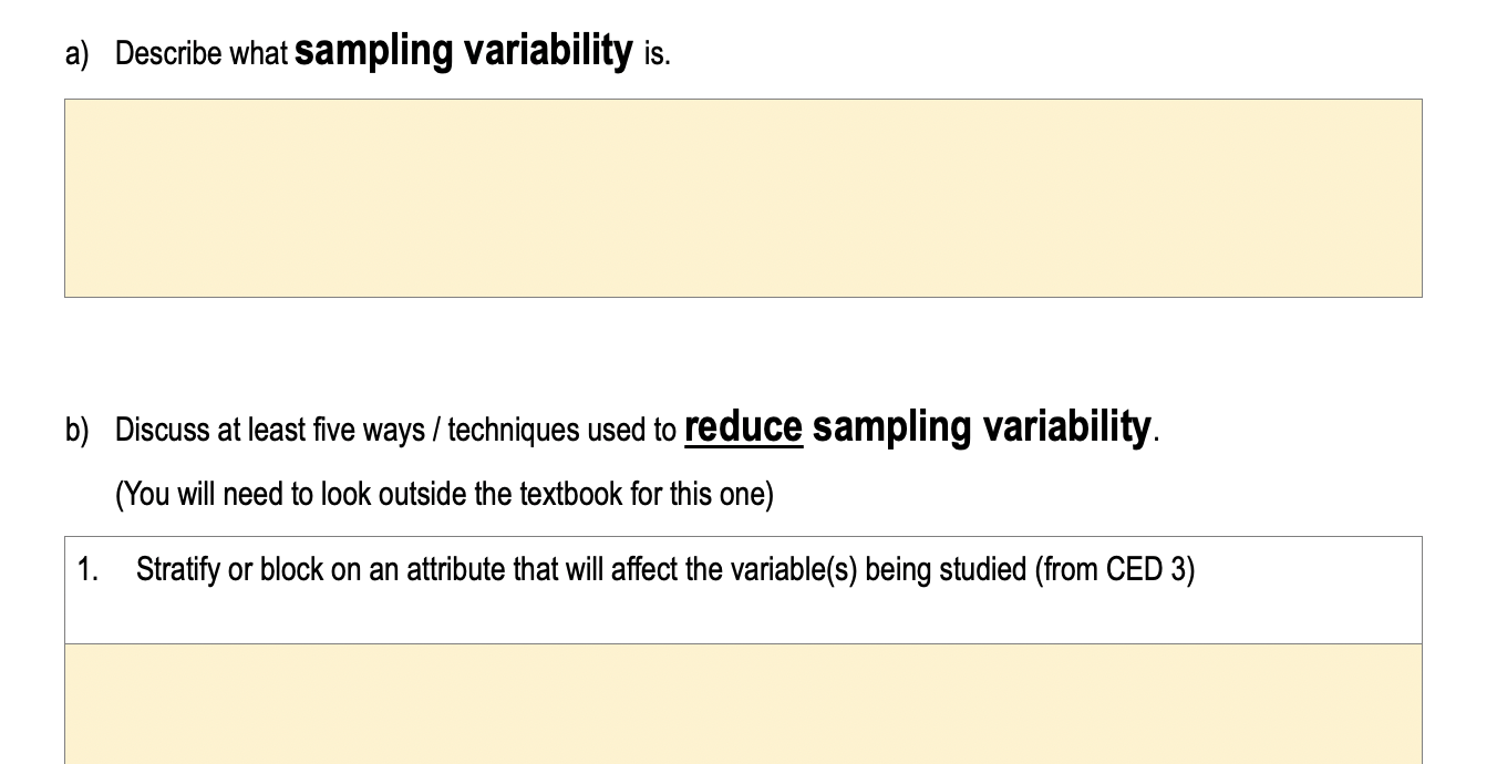 Solved a) Describe what sampling variability is. b) Discuss | Chegg.com