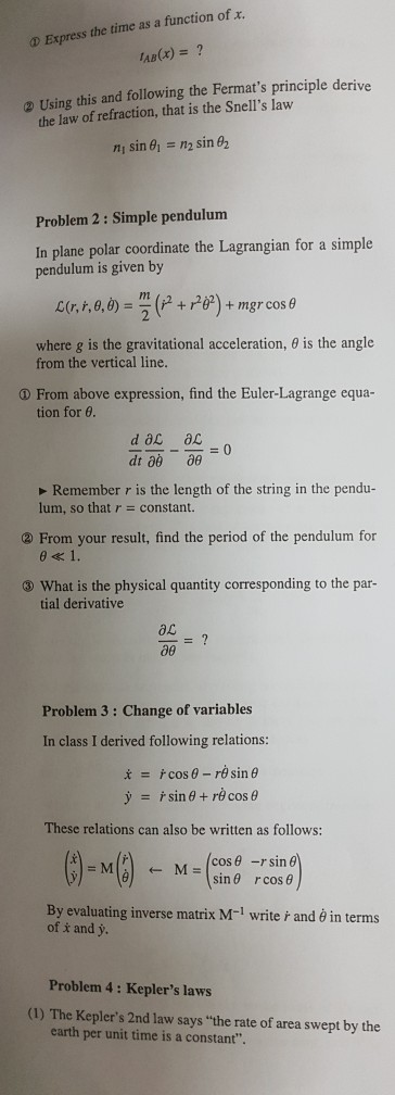 Solved dditional pro Problem 1 : Fermat's principle The | Chegg.com