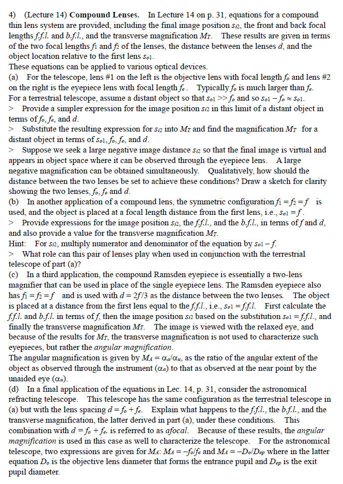 4) (Lecture 14) Compound Lenses. In Lecture 14 on p. | Chegg.com