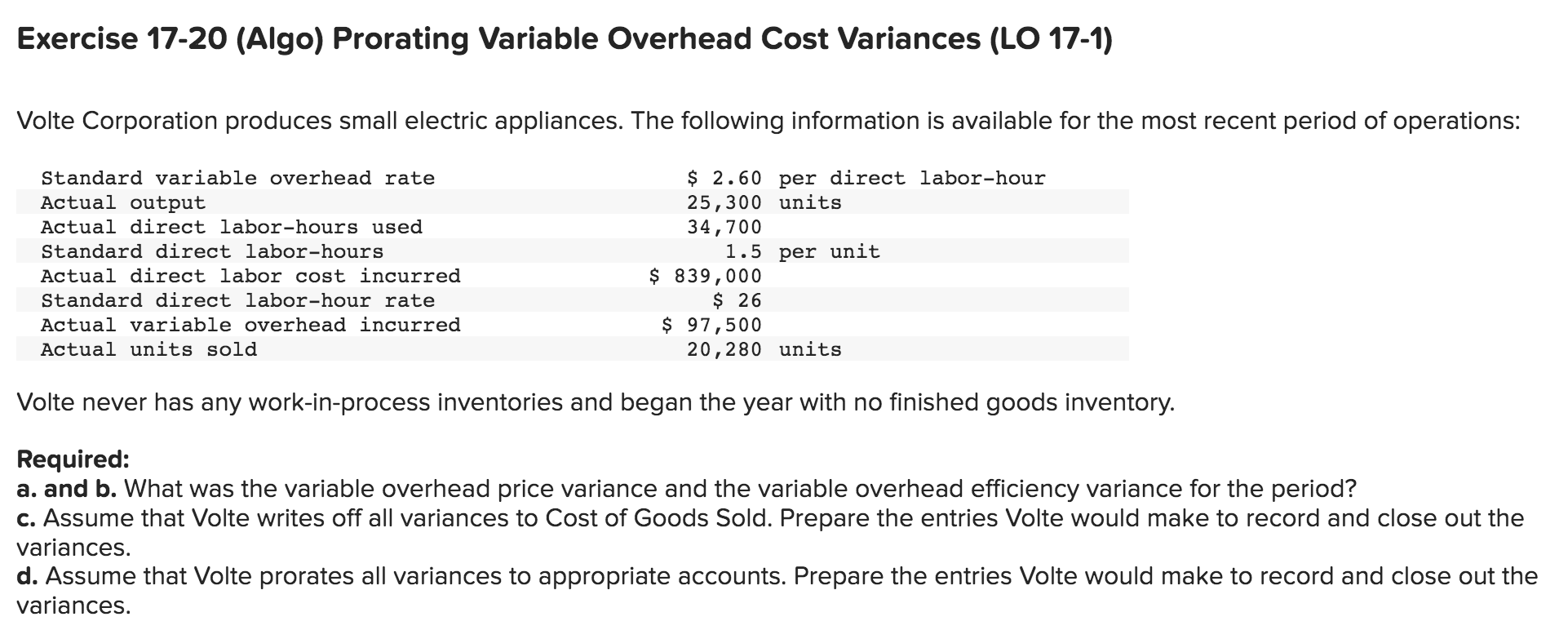 Solved Exercise 17-20 (Algo) Prorating Variable Overhead | Chegg.com