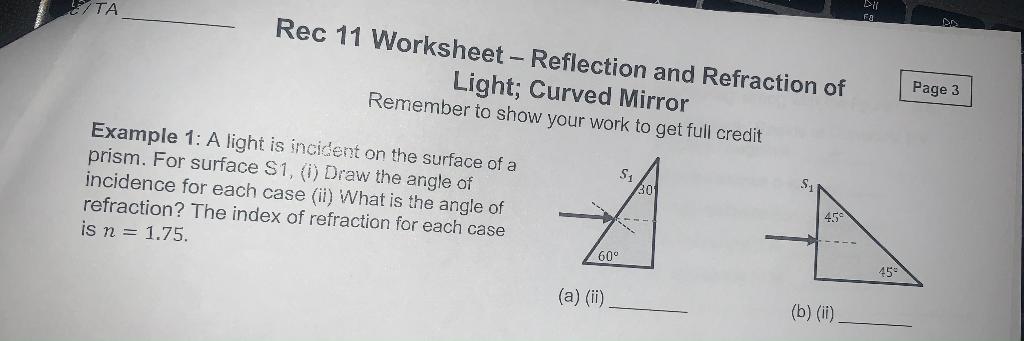Solved TA De Rec 11 Worksheet - Reflection and Refraction of | Chegg.com