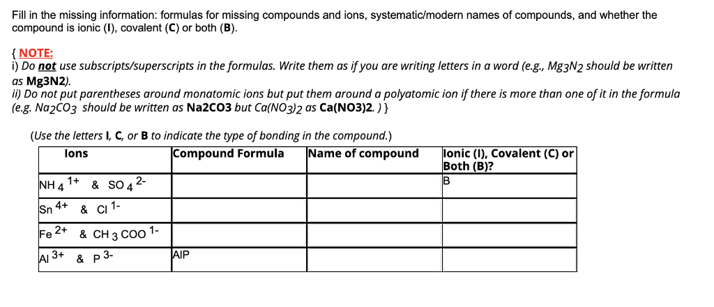 Solved Fill in the missing information: formulas for missing | Chegg.com