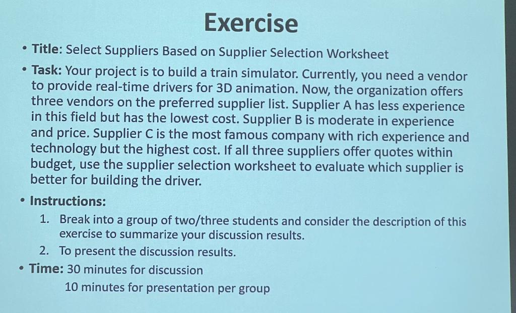 Solved Exercise - Title: Select Suppliers Based on Supplier | Chegg.com