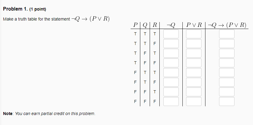 Solved Make a truth table for the statement ¬Q→(P∨R) Note: | Chegg.com