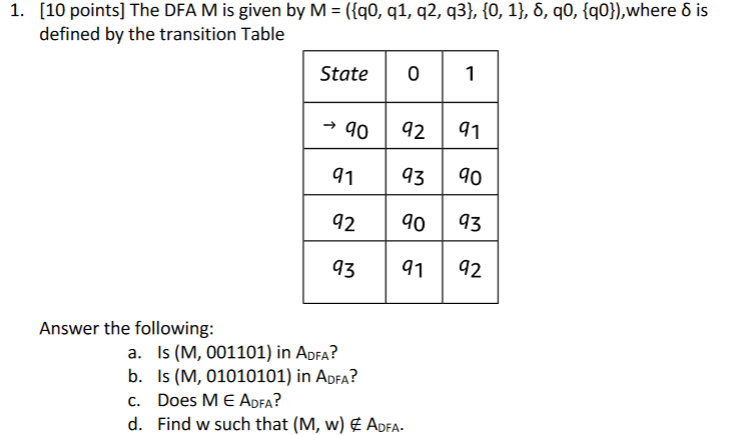Solved 1. [10 points] The DFA M is given by M = ({q0, q1, | Chegg.com