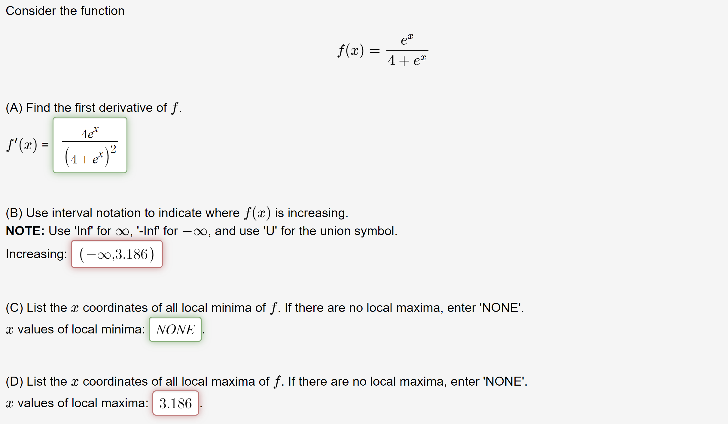 Solved Consider the functionf(x)=ex4+ex(A) ﻿Find the first | Chegg.com