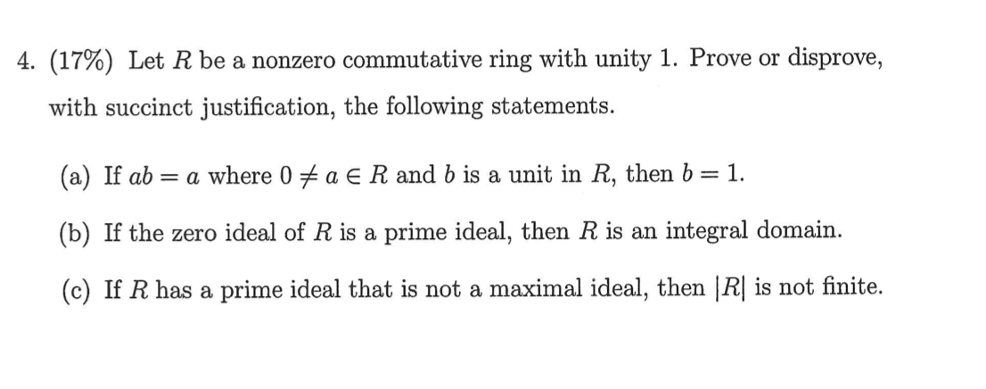 Solved 4. (17%) Let R be a nonzero commutative ring with | Chegg.com