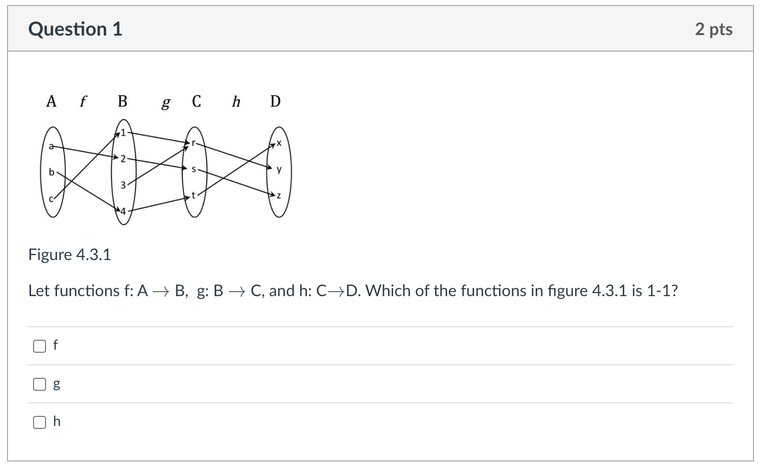 Solved Let functions f:A→B,g:B→C, and h:C→D. Which of the | Chegg.com