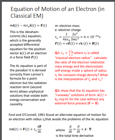 Solved Equation of Motion of an Electron (in Classical EM) | Chegg.com