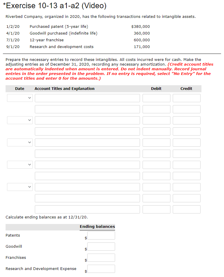 Solved *Exercise 10-13 a1-a2 (Video) Riverbed Company, | Chegg.com