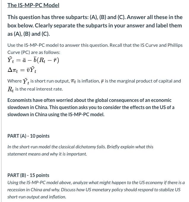 The IS-MP-PC Model This question has three subparts: | Chegg.com