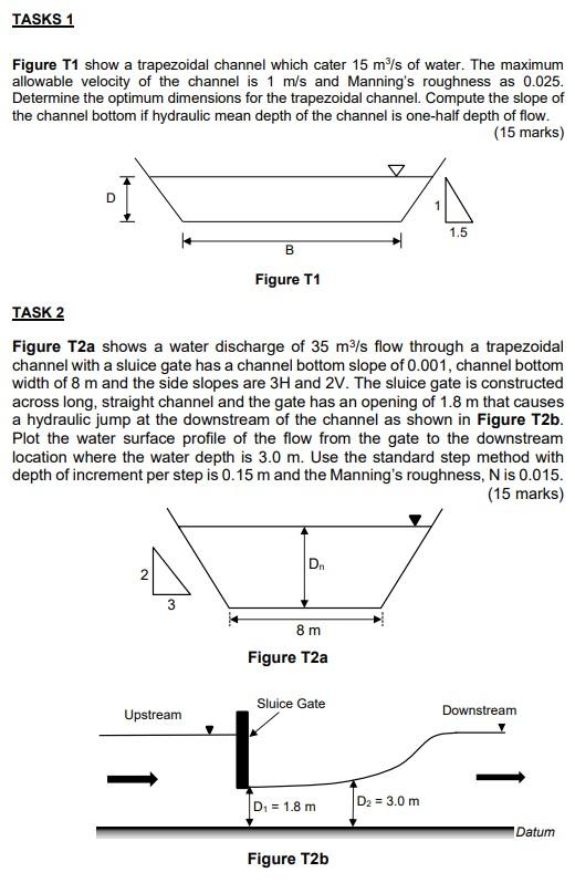 Solved TASKS 1 Figure T1 show a trapezoidal channel which | Chegg.com