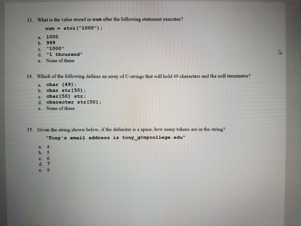 Solved Value Stored Num Following Statement Executes 13 Num Atoi 7027