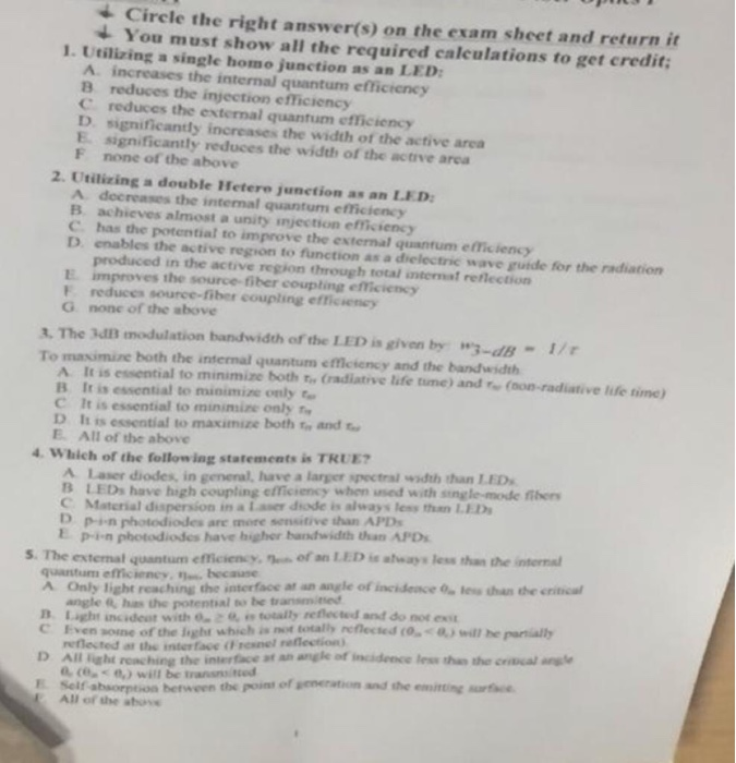 Circle the right answer(s) on the exam sheet and | Chegg.com